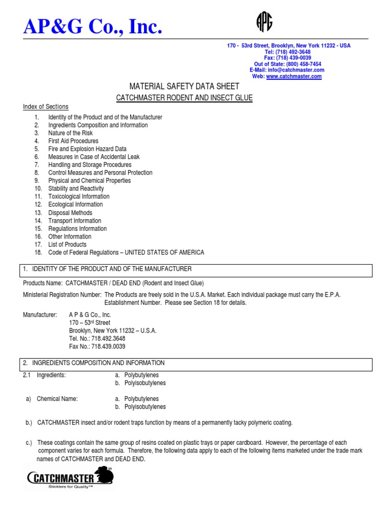 Catchmaster Rodent & Insect Glue MSDS | PDF | Adhesive | Materials