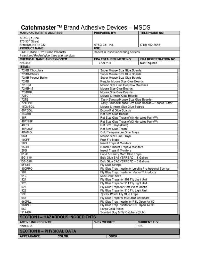Catchmaster: ™ Brand Adhesive Devices - MSDS | PDF | Adhesive ...