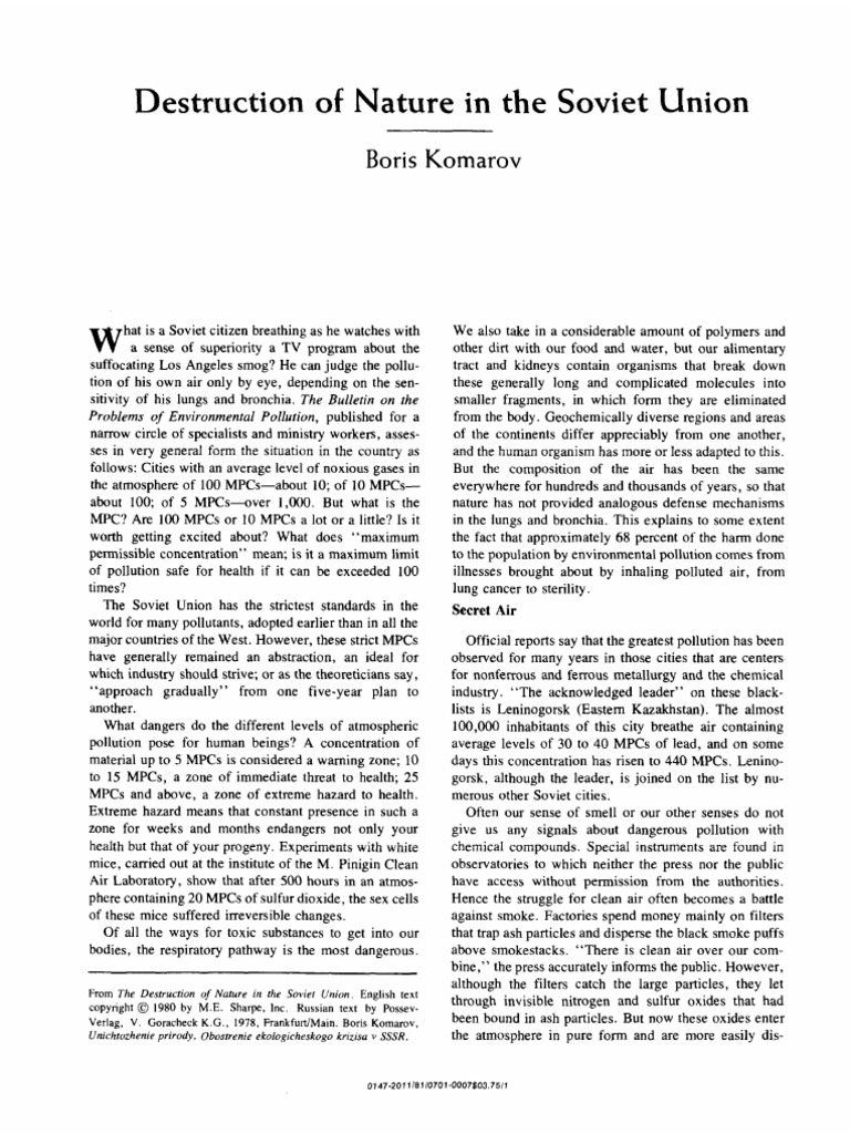 Destruction of Nature in Soviet Union | PDF | Water | Air Pollution