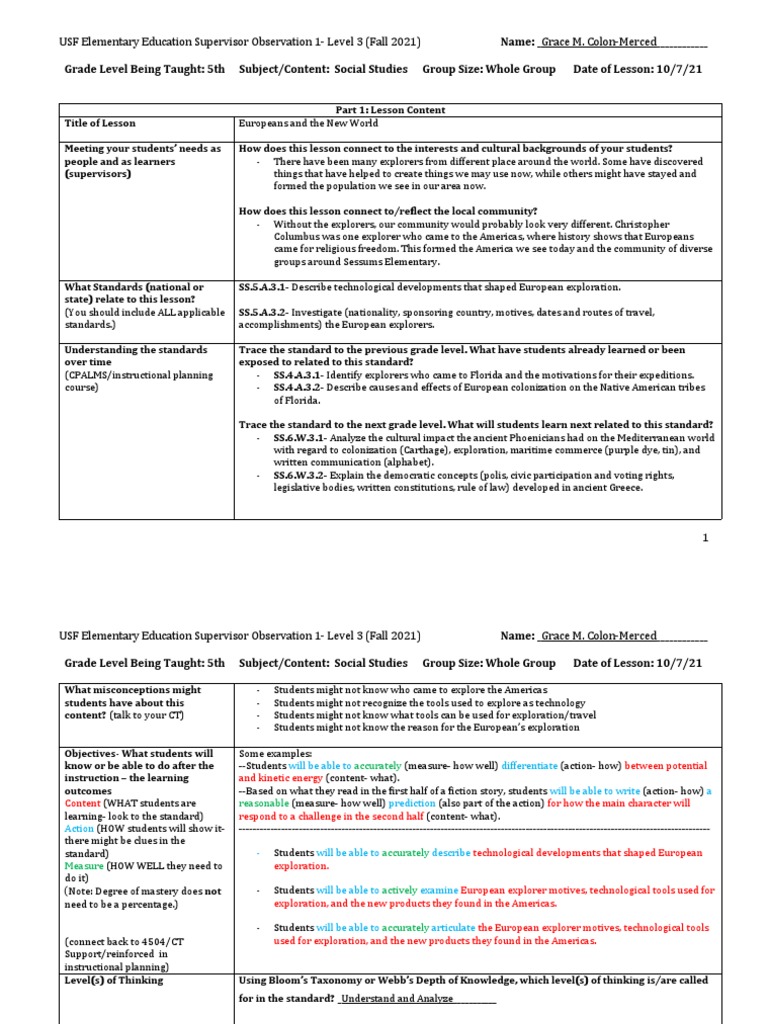 Supervisor Observation 1 Lesson Plan - Level 3 | PDF | Educational ...
