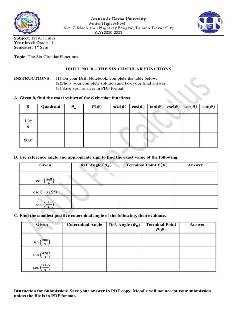 Moodle - Drill 8 - The Six Circular Functions | PDF