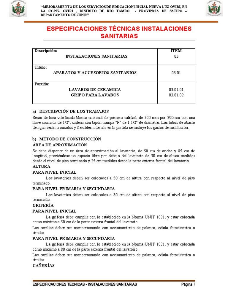 Especificaciones Tecnicas Instalaciones Sanitarias | PDF | Tap (Válvula) | Presupuesto