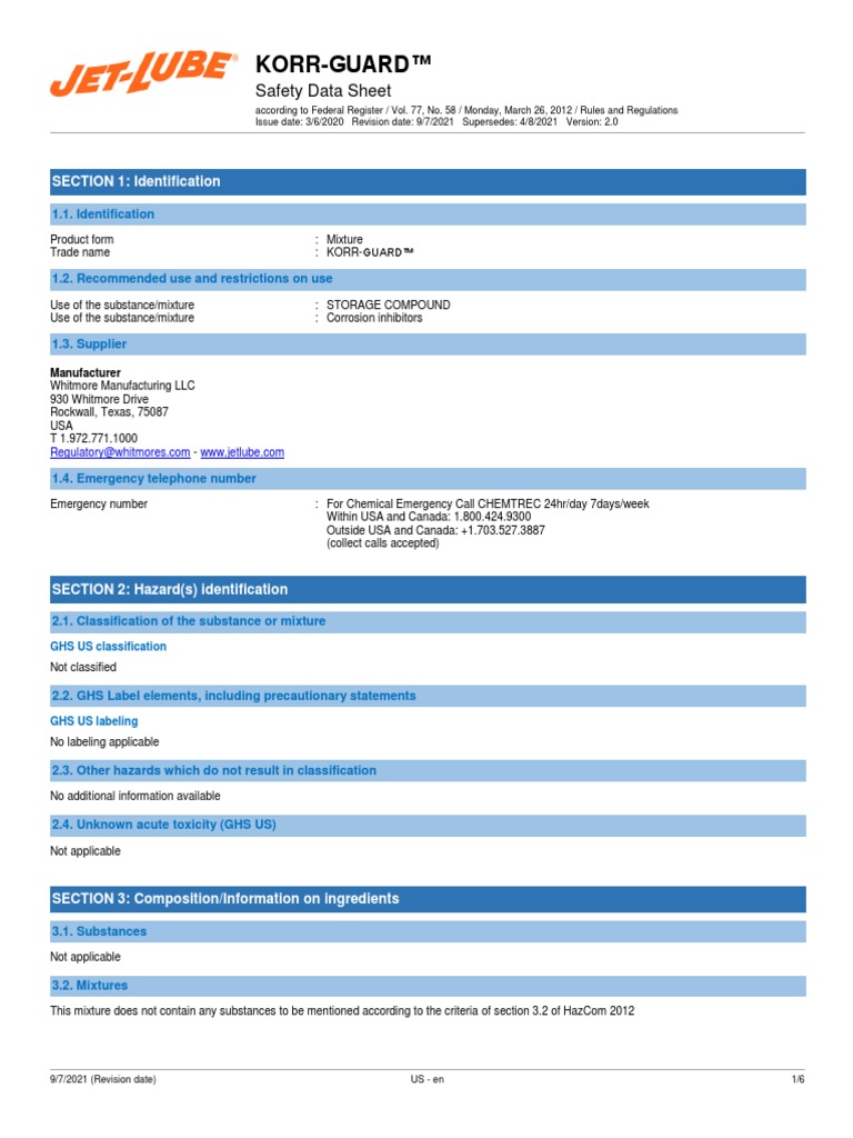 Smi100407190 - 2.386 SDS 78816 Korr-Guard Jet-Lube | PDF | Dangerous ...