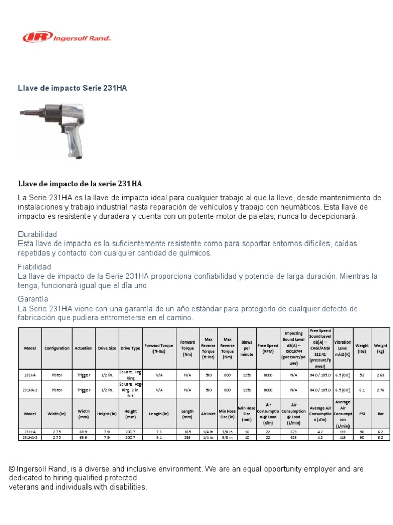 Llaves de Impacto Serie 231ha Ingersoll Rand | PDF | Ingeniería mecánica | Máquinas
