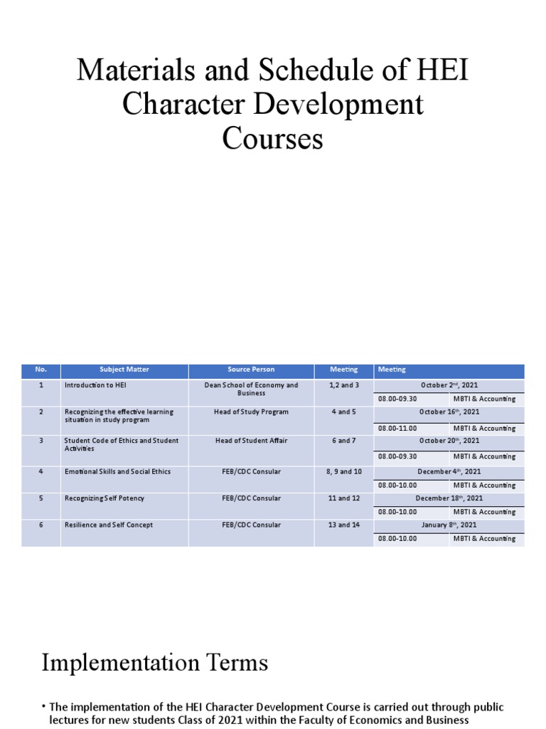 Materials and Schedule of HEI Character Development Courses | PDF ...