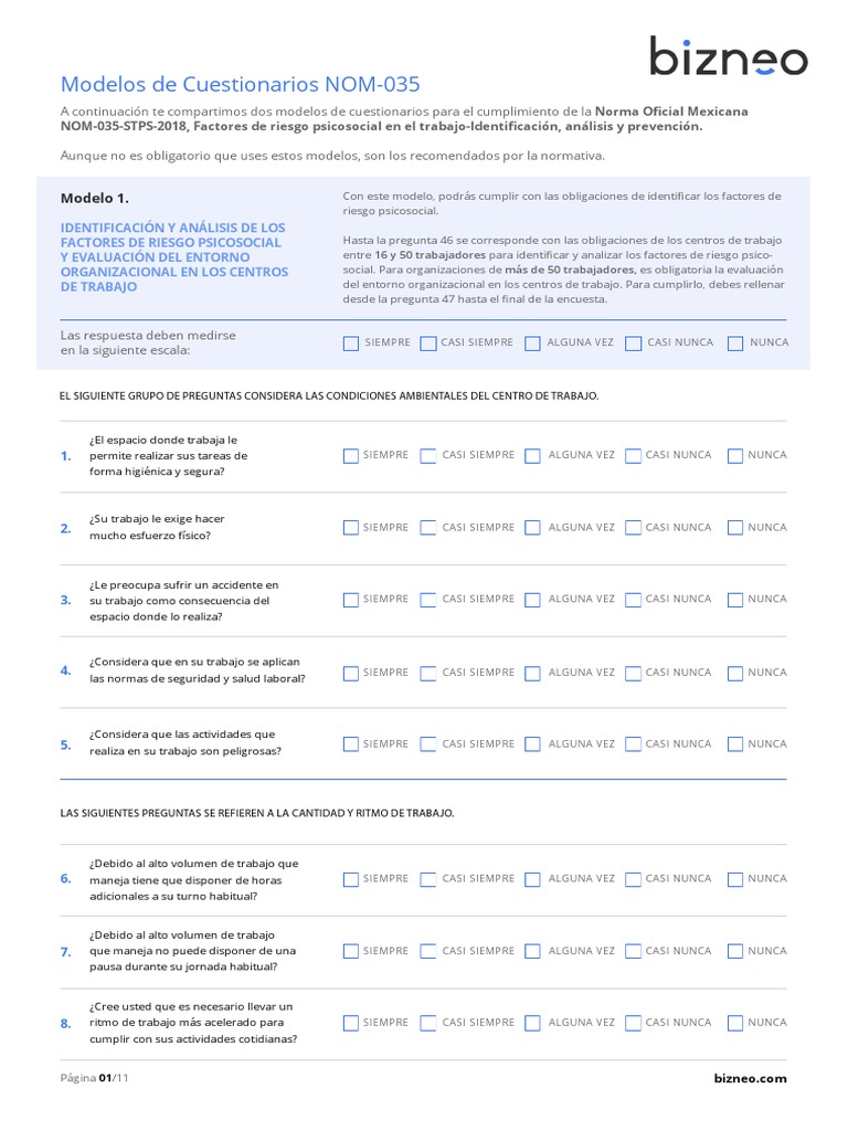 Cuestionarios NOM-035 para Empresas | PDF | Tiempo de trabajo | Seguridad y salud ocupacional