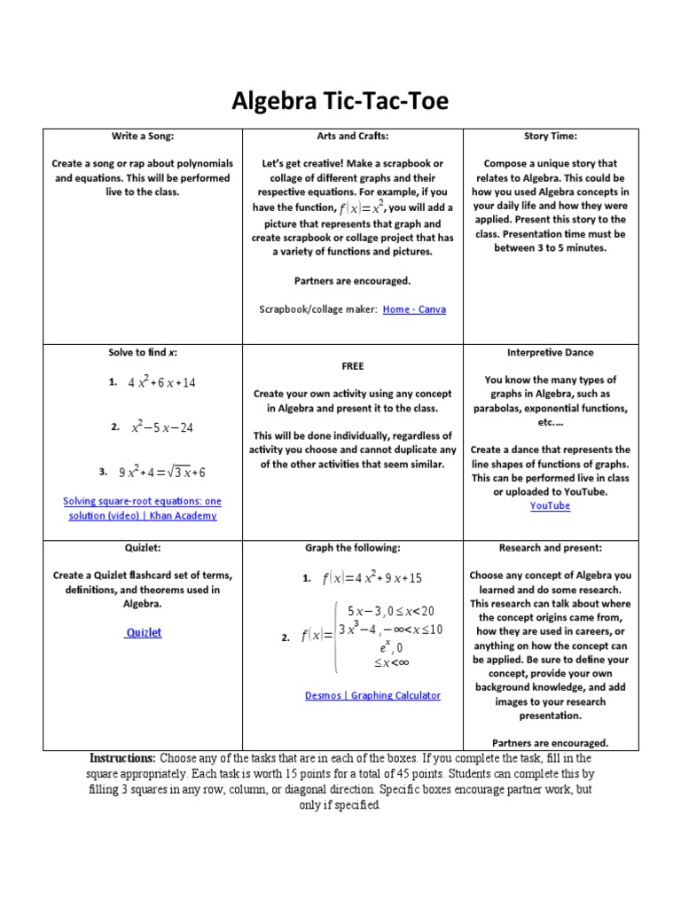 Algebra Choice Board | PDF | Equations | Algebra