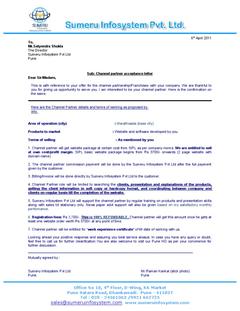 Channel Partner Acceptance Letter | PDF | Websites | Invoice