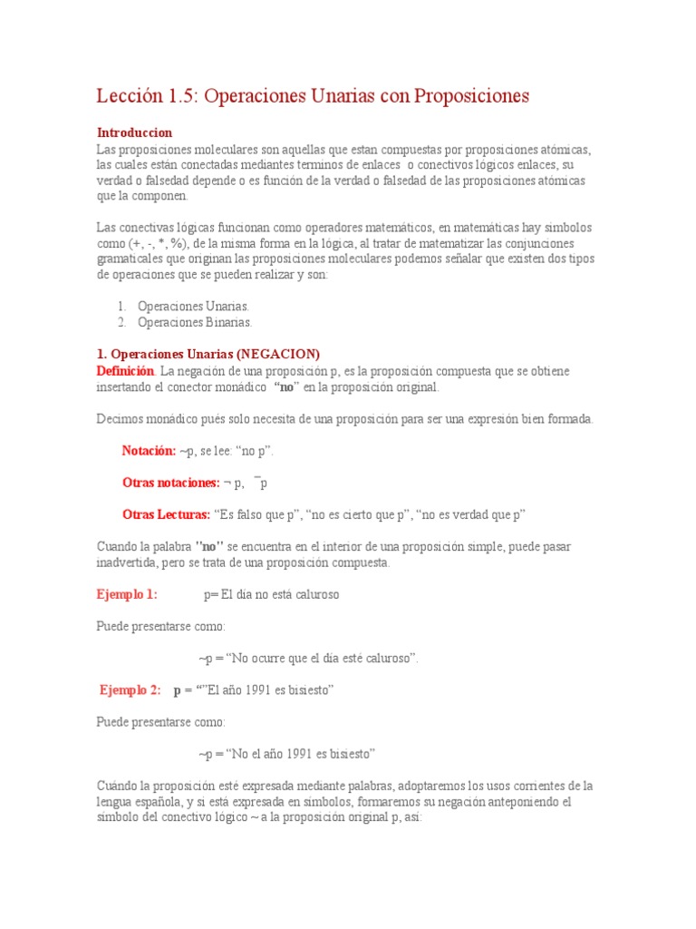 Operaciones Unarias en Proposiciones | PDF | Proposición | Expresiones lógicas