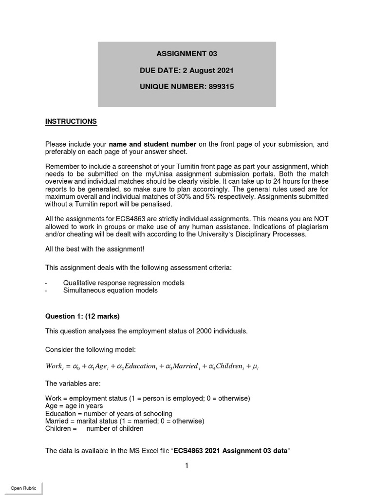 ECS4863 2021 Assignment 03 | PDF | Logistic Regression | Statistics