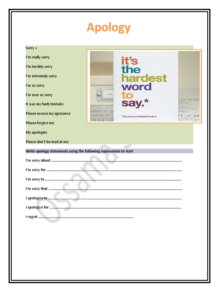 Apology: Write Apology Statements Using The Following Expressions To ...