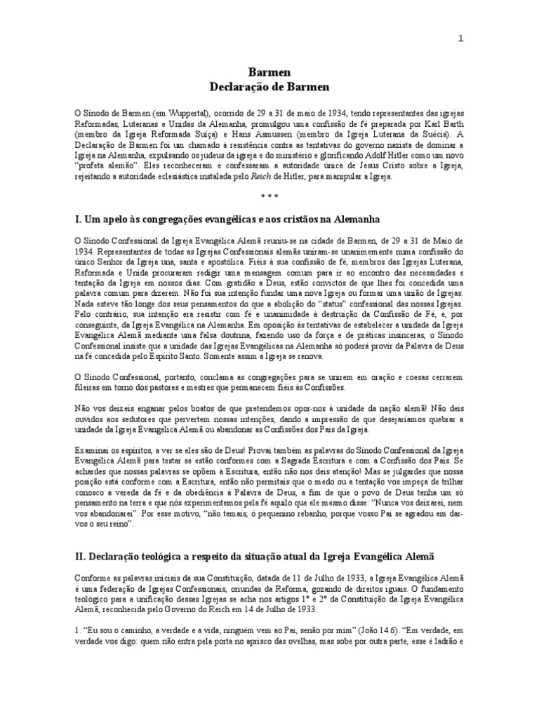 Declaração de Barmen | PDF | Igreja católica | Igreja cristã