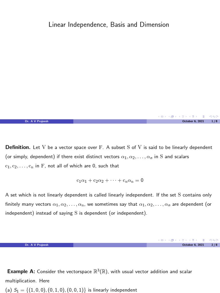 Linear Independence, Basis and Dimension: Dr. A V Prajeesh | PDF ...