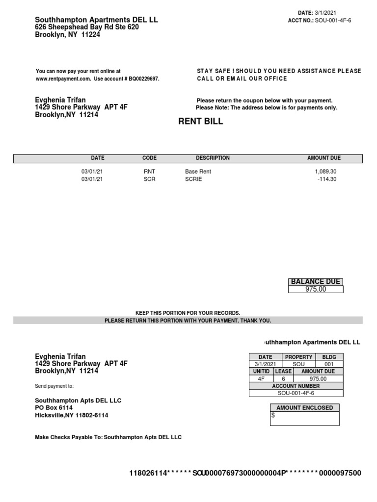 Rent Bill: Southhampton Apartments DEL LL | PDF | Property | Renting