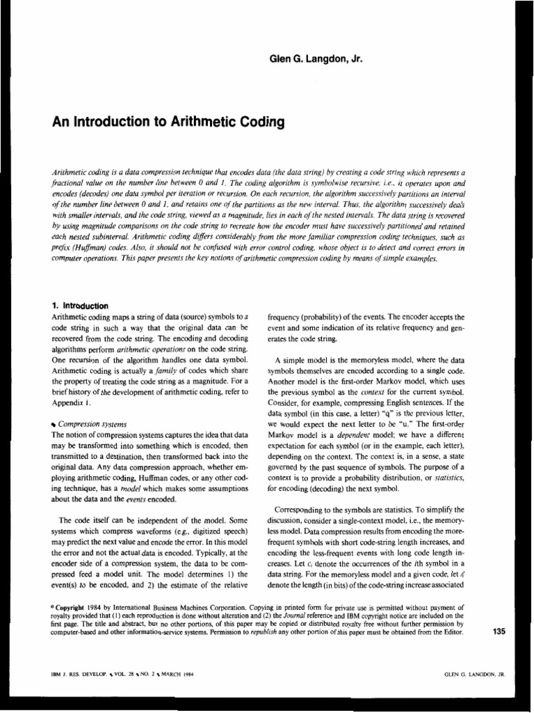 An Introduction To Arithmetic Coding: Glen G. Langdon, JR | PDF | Code ...