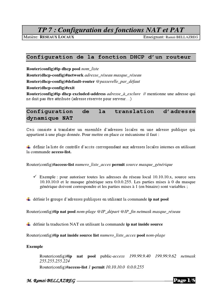 Configuration DHCP, NAT et PAT Router | PDF | Adresse IP | Protocoles Internet