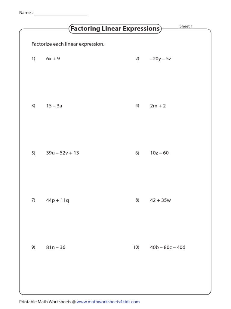 Factoring Linear Expressions Worksheet | PDF