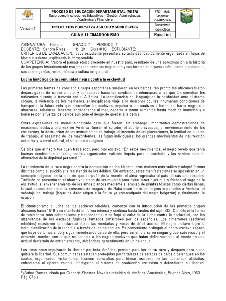 Guía N 11 Historia Grado 7º | PDF | Esclavitud