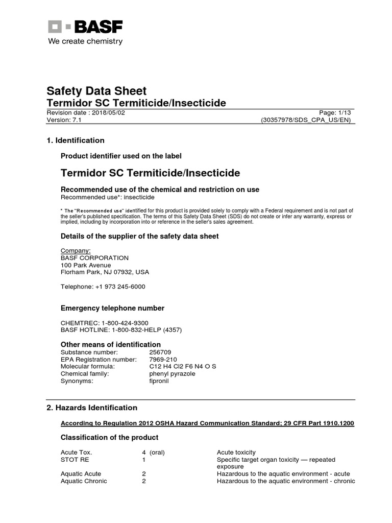Safety Data Sheet: Termidor SC Termiticide/Insecticide | PDF | Toxicity ...