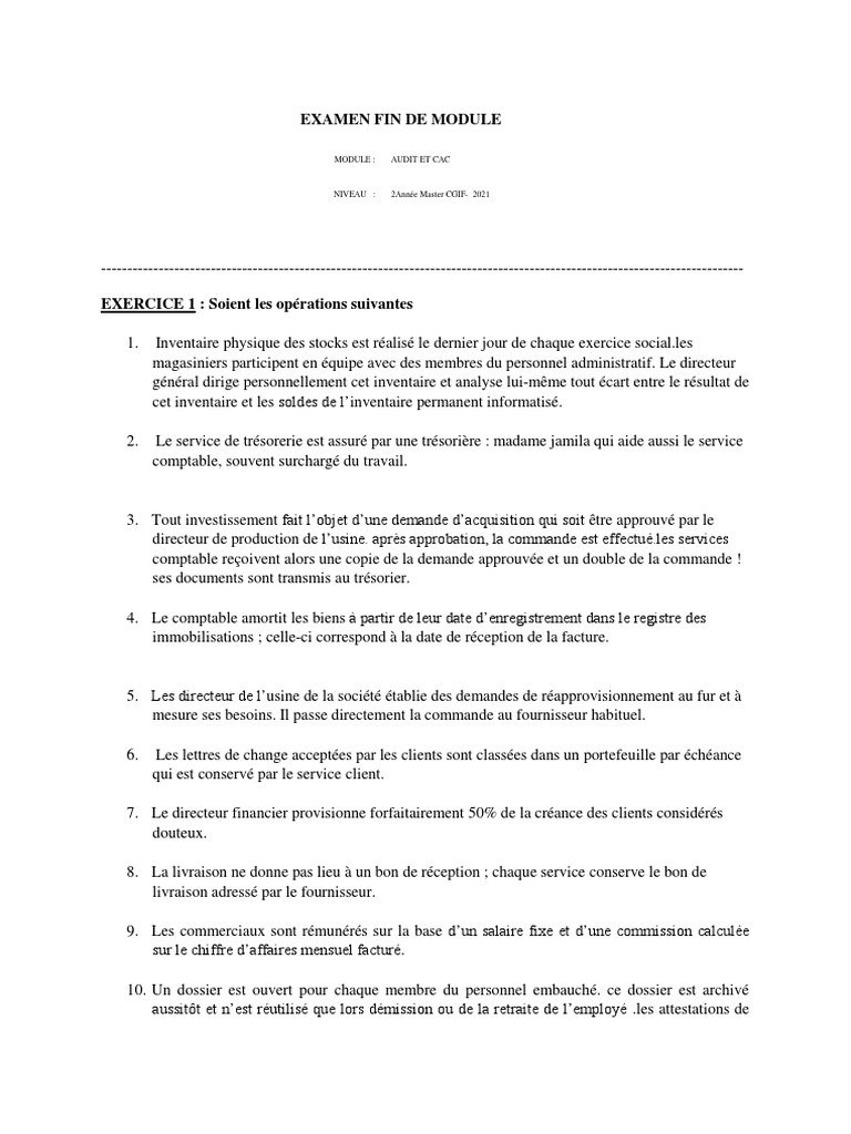 Examen MODULE AUDIT - CAC MASTER CGIF 2021 | PDF | Facture | Comptabilité