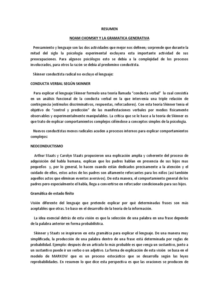 Resumen Chomsky Gramatica Generativa | PDF | Noam Chomsky | Aquisición ...
