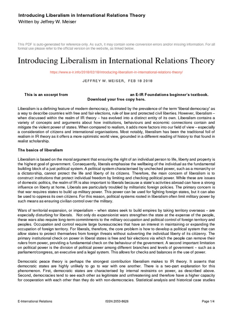 Introducing Liberalism in International Relations Theory | PDF ...