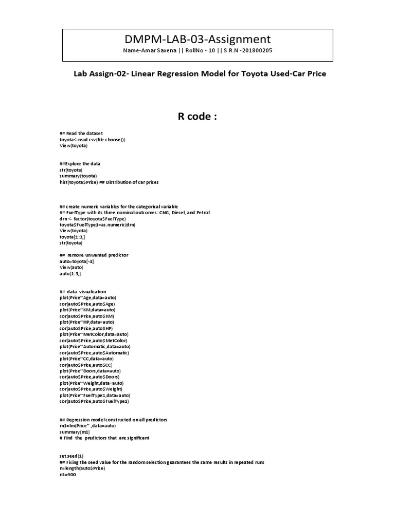 DMPM-LAB-03-Assignment: Rcode | PDF | Errors And Residuals | Coefficient Of Determination