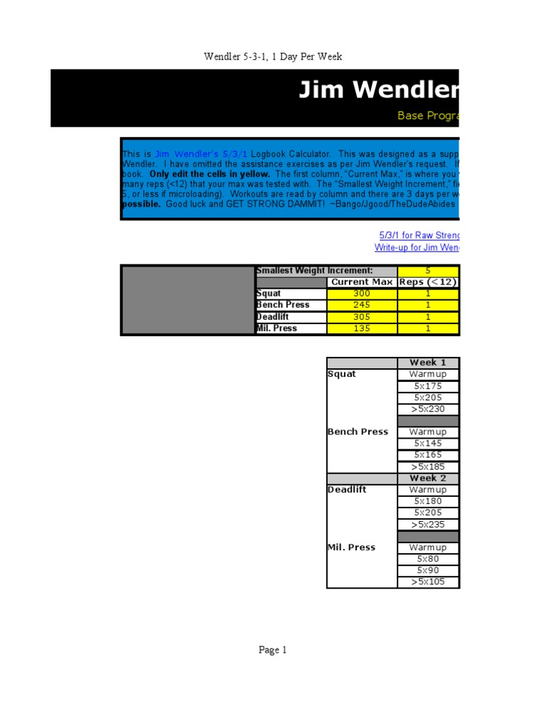 Jim Wendler 531 Logbook Calculator (Version 1) | PDF | Recreation ...