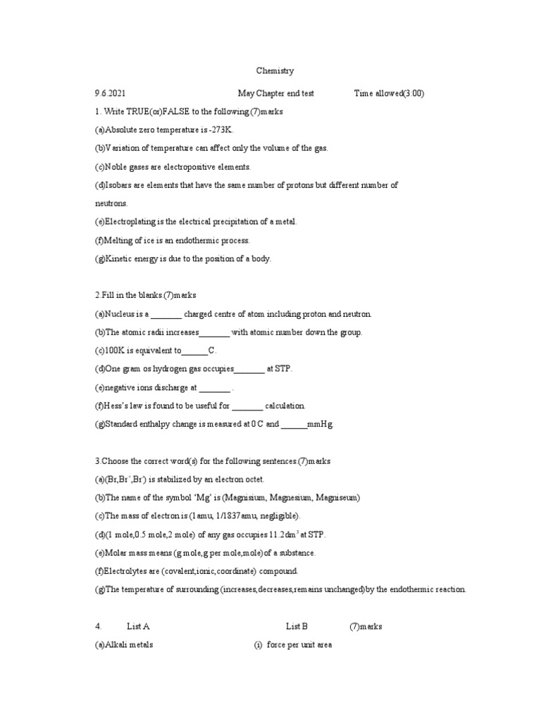 Chemistry Chapter End Test Questions | PDF | Teaching Methods ...