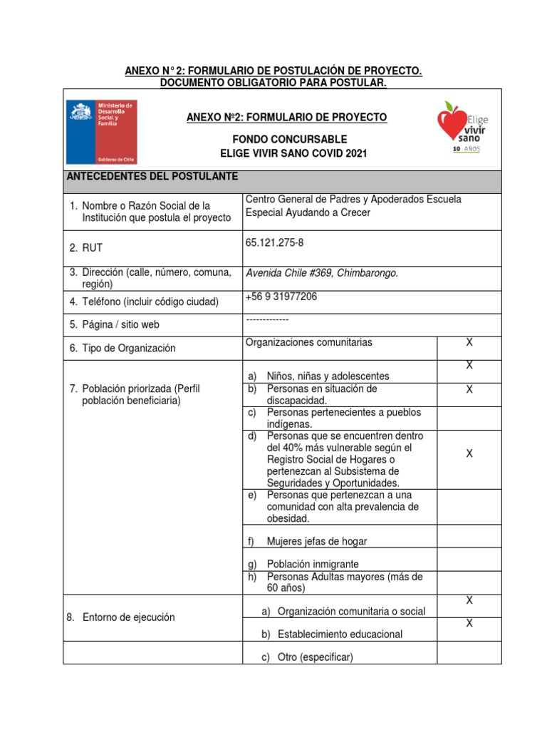 Anexo 2 Formulario de Postulacion de Proyecto OC | PDF | Obesidad ...