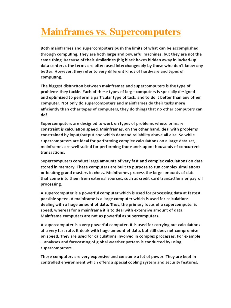 Supercomputers Vs Mainframe | PDF | Supercomputer | Mainframe Computer