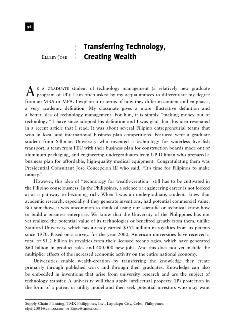 Ellery Jose - Transferring Technology, Creating Wealth | PDF | License ...