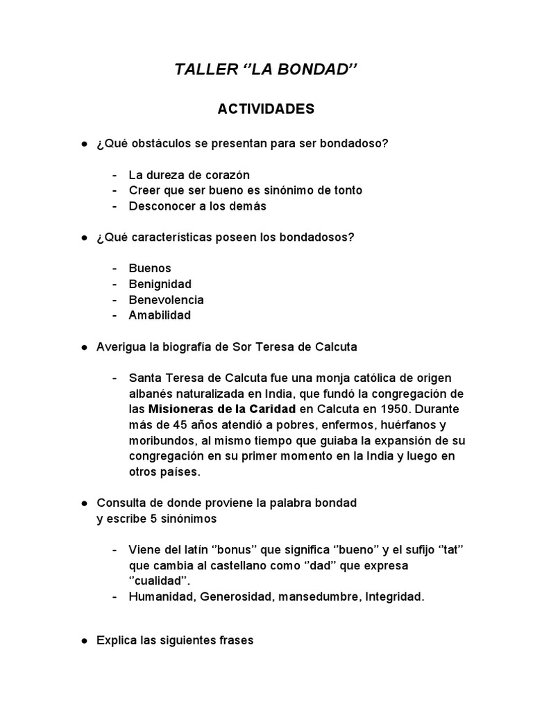 Actividades sobre la Bondad para Niños | PDF