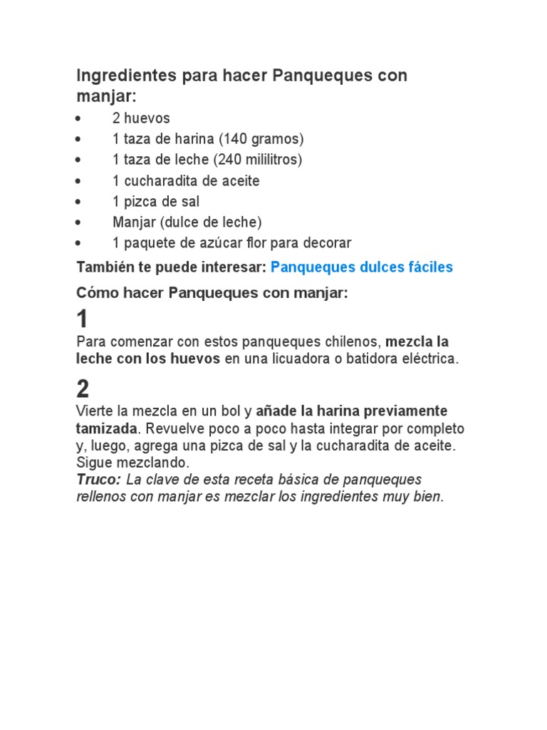 Panqueques chilenos con manjar fácil | PDF