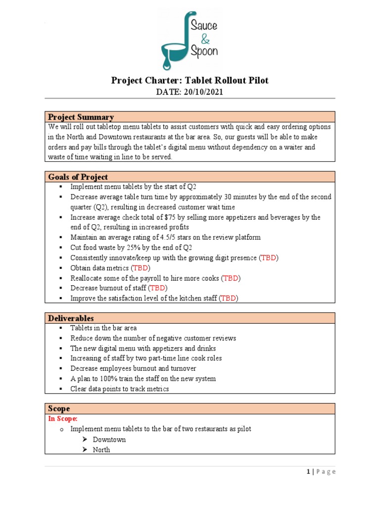 Project Charter: Tablet Rollout Pilot | PDF | Restaurants | Menu