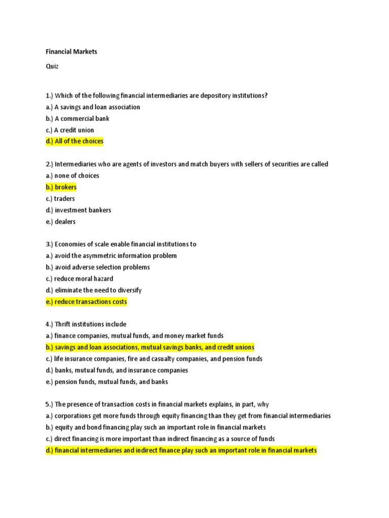 Financial Markets Quiz Questions | PDF | Securities (Finance ...