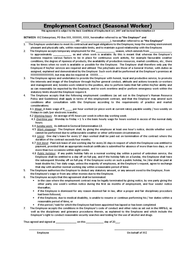 SIZA Employment Contract Seasonal Workers Template | PDF | Employment ...