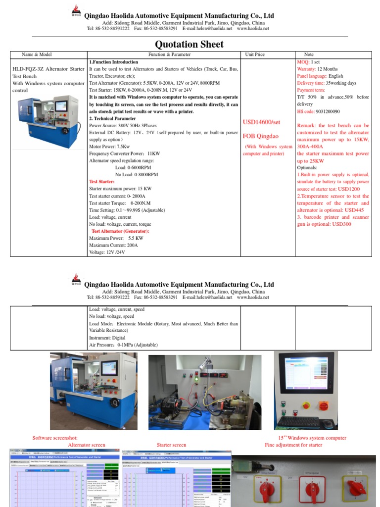 HLD-FQZ-3Z Alternator and Starter Test Bench (Windows Computer) | PDF ...