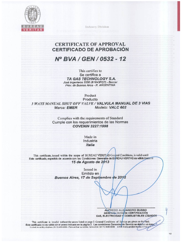 Certificado Valvula Manual Emer | PDF