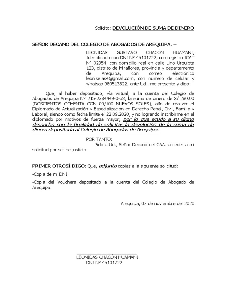 Solicito Devolucion de Suma de Dinero | PDF | Derecho
