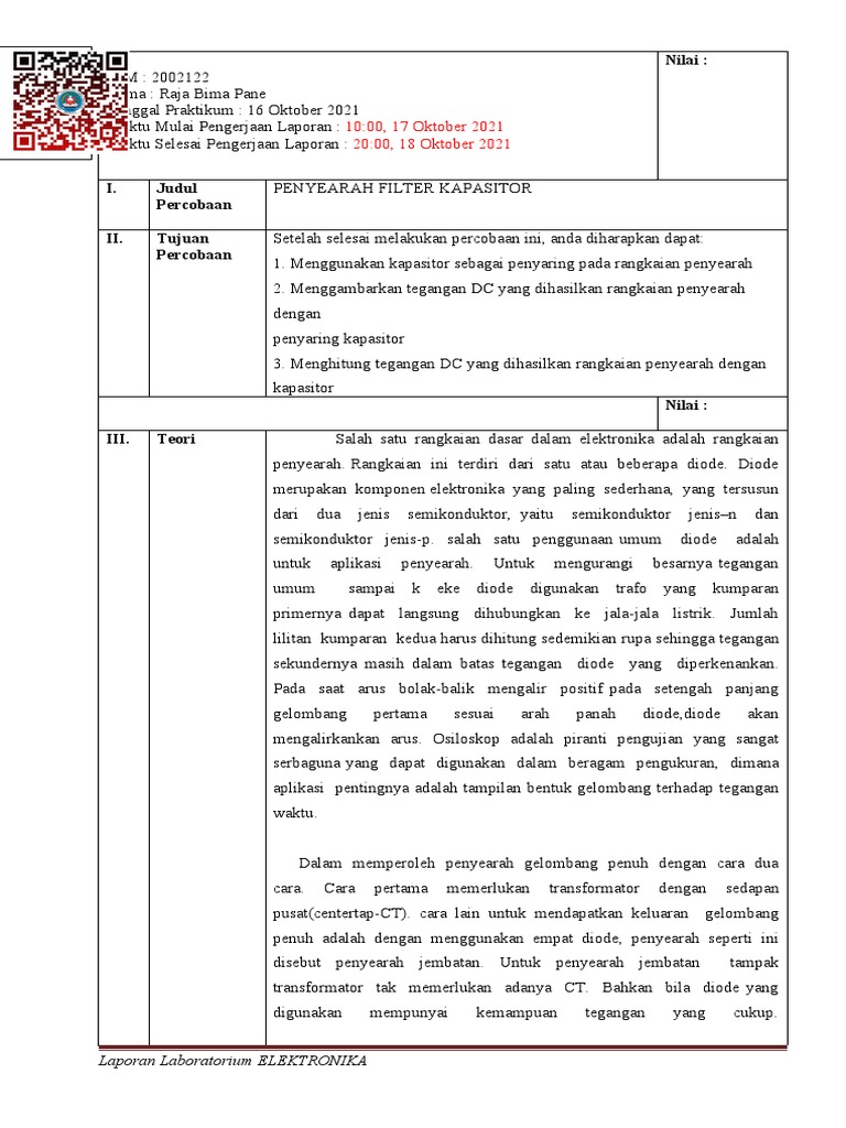 Laporan Penyearah Filter Kapasitor (Raja Bima Pane) 2002122 | PDF