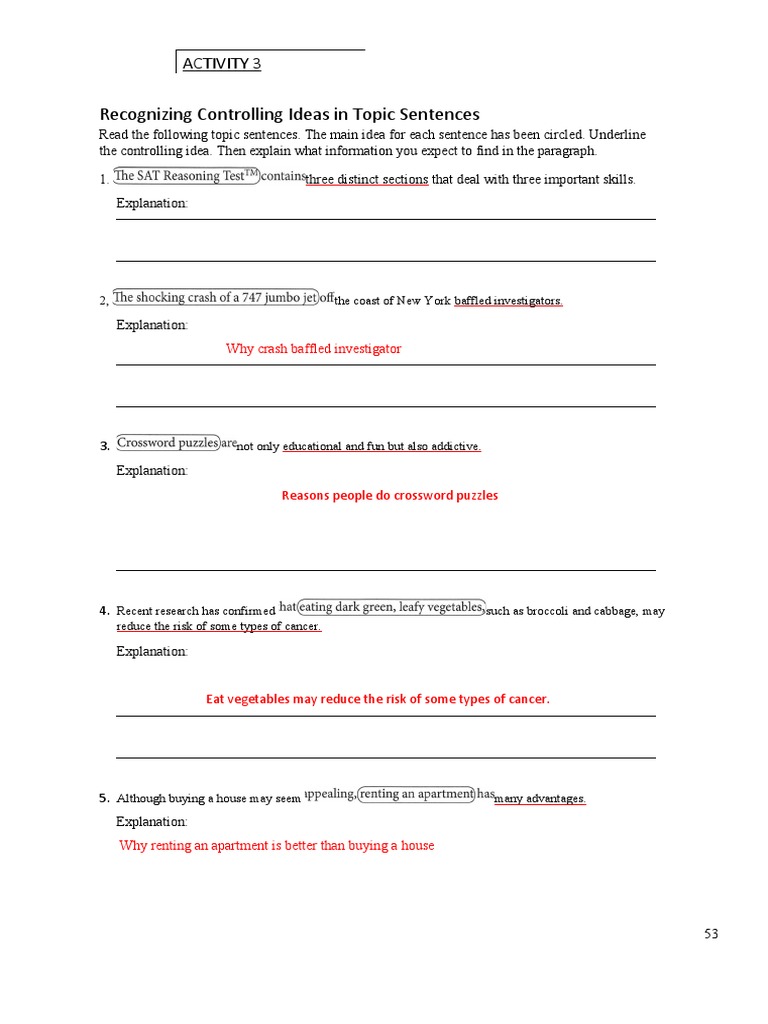 Recognizing Controlling Ideas in Topic Sentences: Activity 3 | Download ...