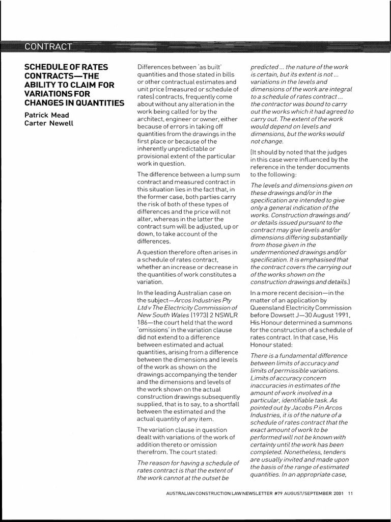 Schedule of Rates Contracts - The Ability To Claim For Variations For ...