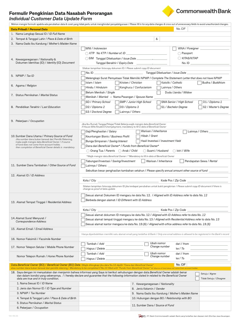 Individual Customer Data Update Form: Formulir Pengkinian Data Nasabah Perorangan | PDF