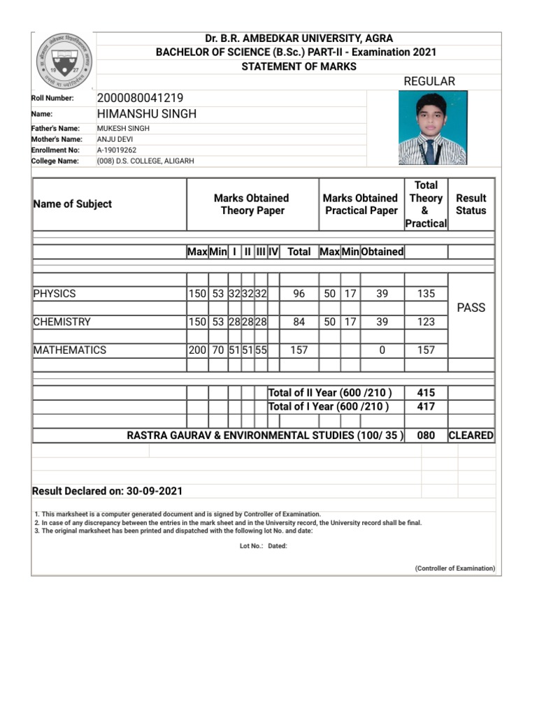 Dr. B.R. Ambedkar University Agra BSc Part-II Marksheet 2021 | PDF ...