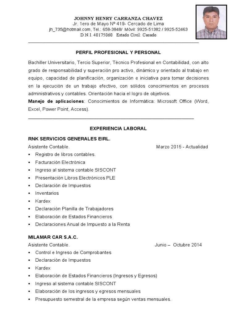 CV Johnny Carranza | PDF | Contabilidad | Microsoft Office