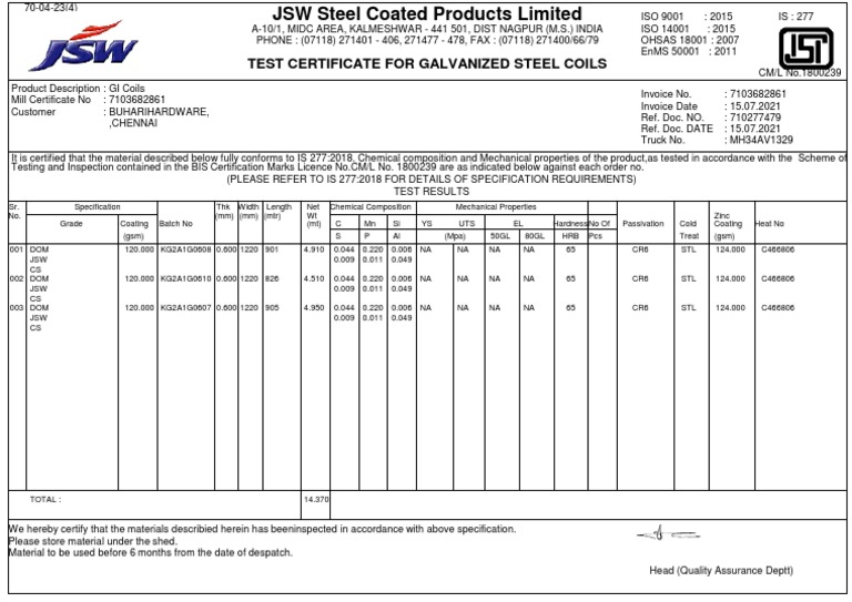 Test Certificate For Galvanized Steel Coils | PDF | Metals | Secondary ...
