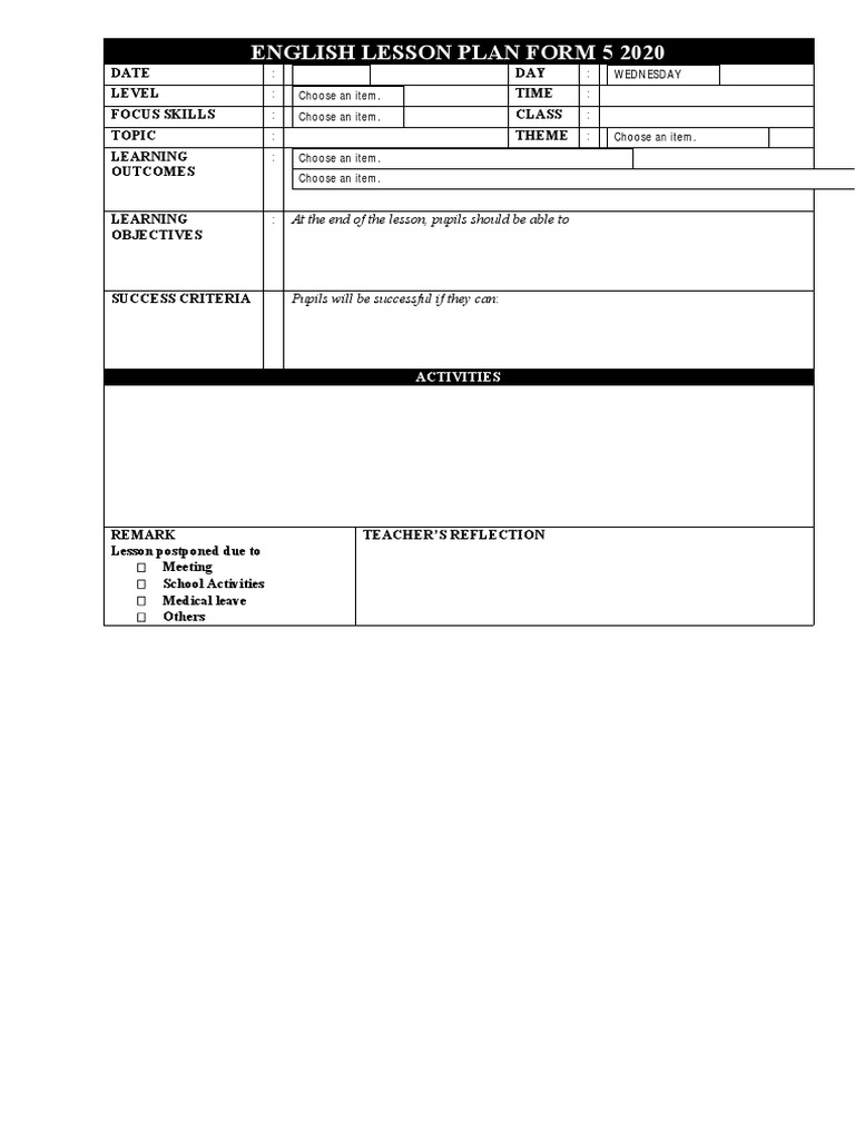 English Lesson Plan Form 5 2020: Date DAY Level Time Focus Skills Class ...