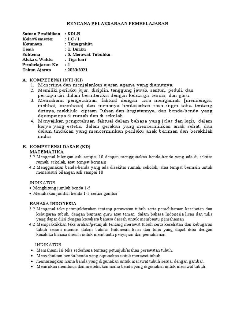 RPP Tunagrahita Kelas 1 Tema 1 Subtema 3 | PDF