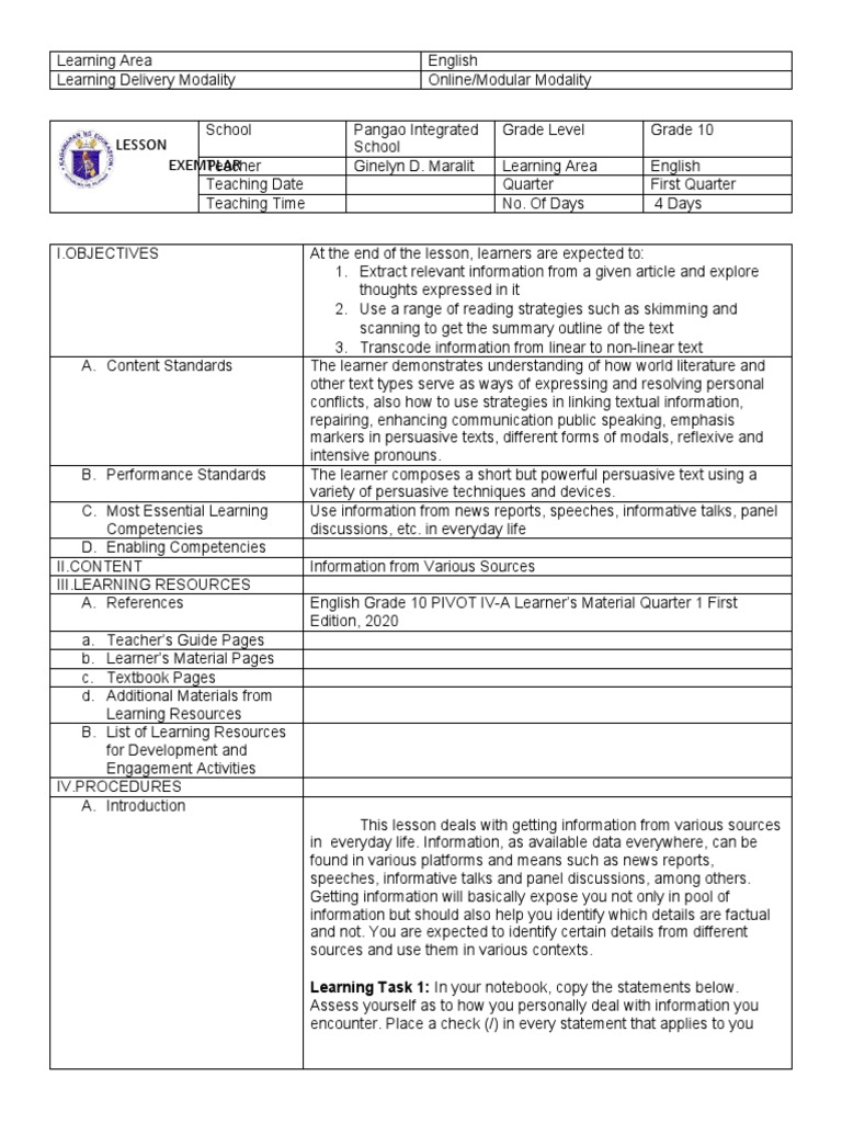 Lesson Exemplar: Learning Task 1: in Your Notebook, Copy The Statements Below | PDF | Learning ...
